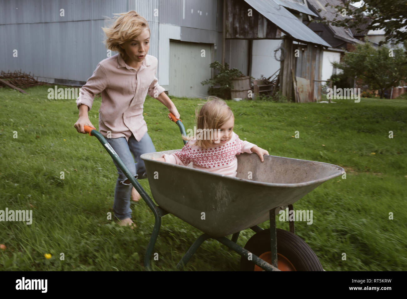 Boy pushing wheelbarrow with his little sister through the garden Stock ...