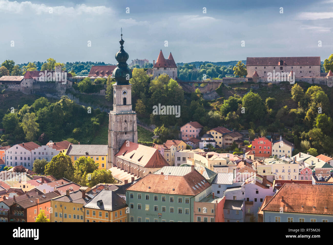 Germany, Bavaria, Burghausen, Old town with Burghausen Castle Stock ...