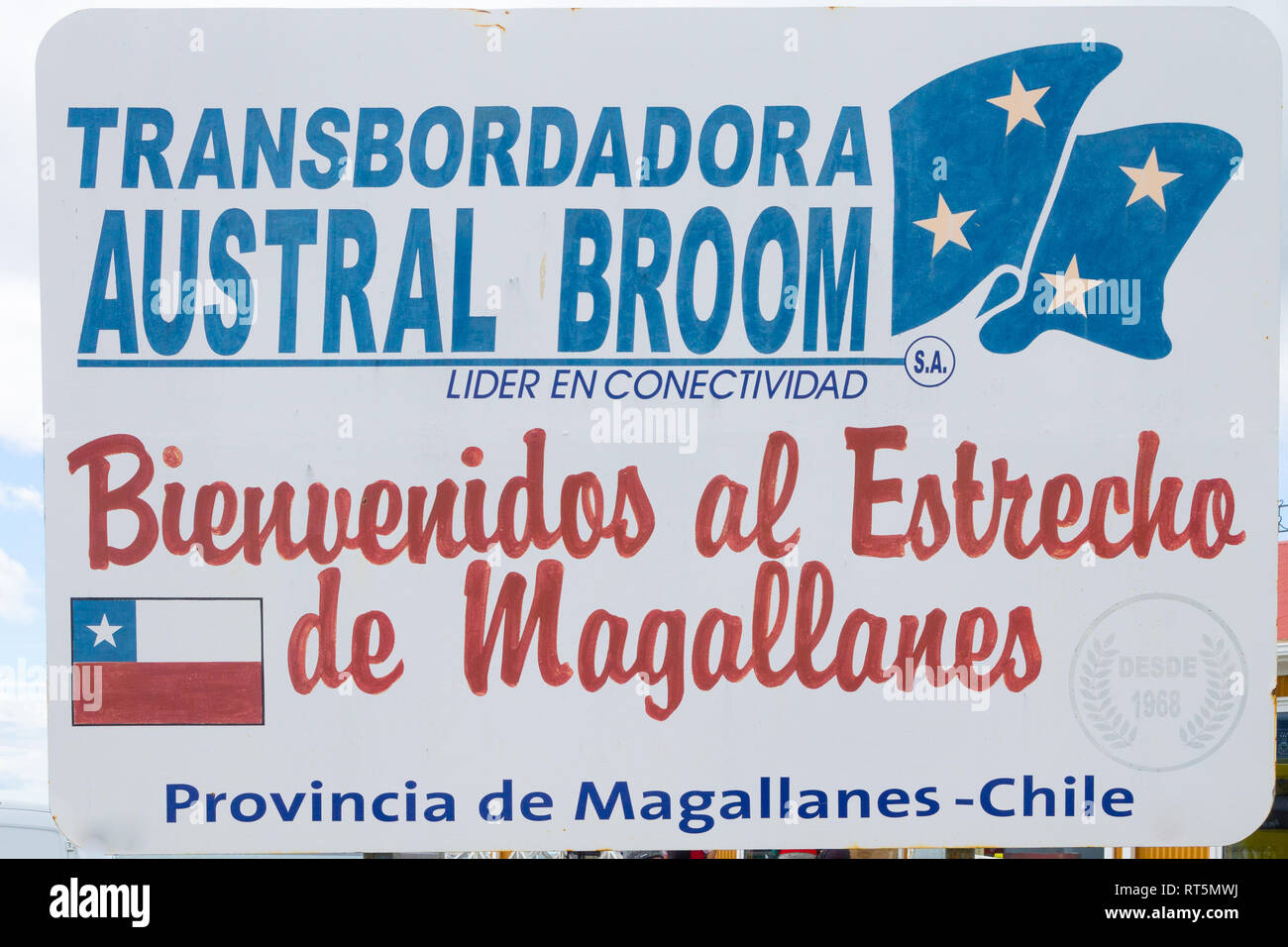 Strait of Magellan cross boarder sign. Chile. Border between Argentina ...