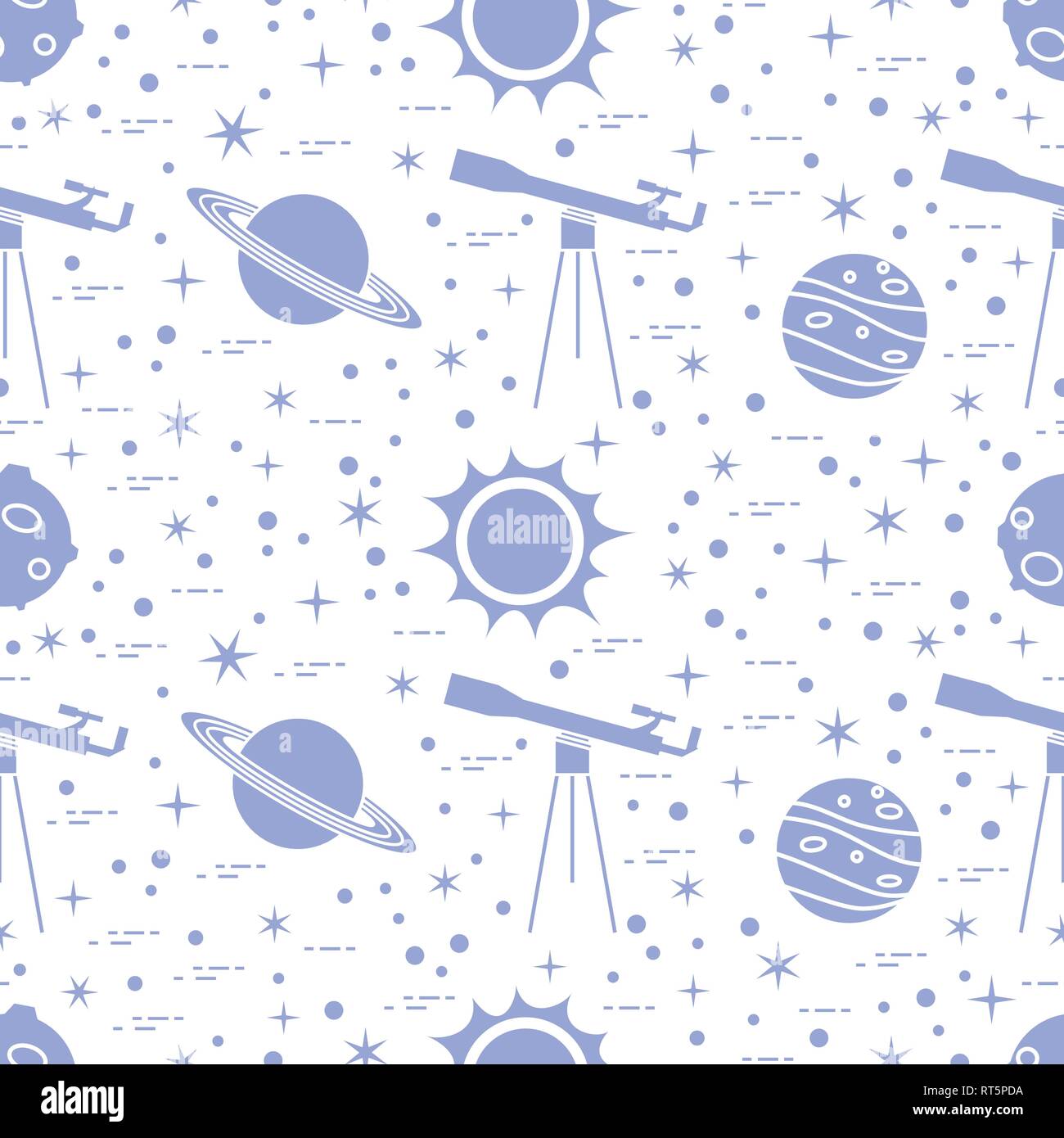 Seamless pattern with telescope, sun, planets, stars. Space exploration ...