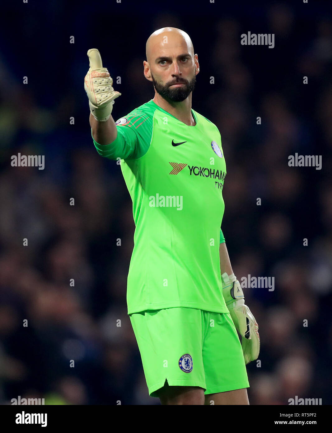 Chelsea goalkeeper Willy Caballero gives a thumbs up during the Premier ...