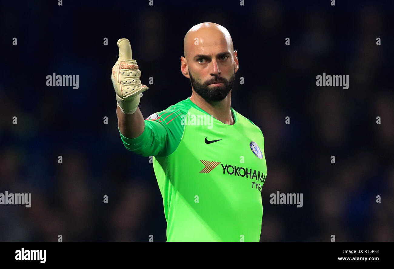 Chelsea goalkeeper Willy Caballero gives a thumbs up during the Premier ...