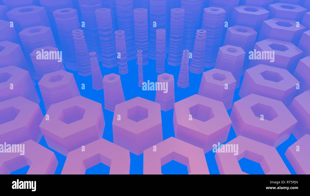 Abstract hexagonal architectural structure in foggy space. 3d ...