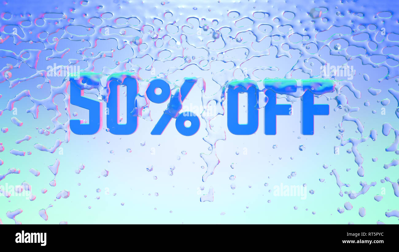 The word 50 off. Material blue and transparent ice covered by crystal ...