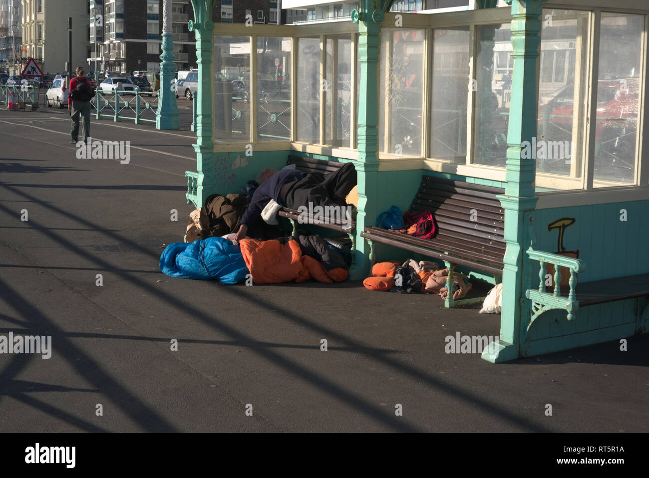 Brighton, England on February 25, 2019. Homeless is sleeping in the ...