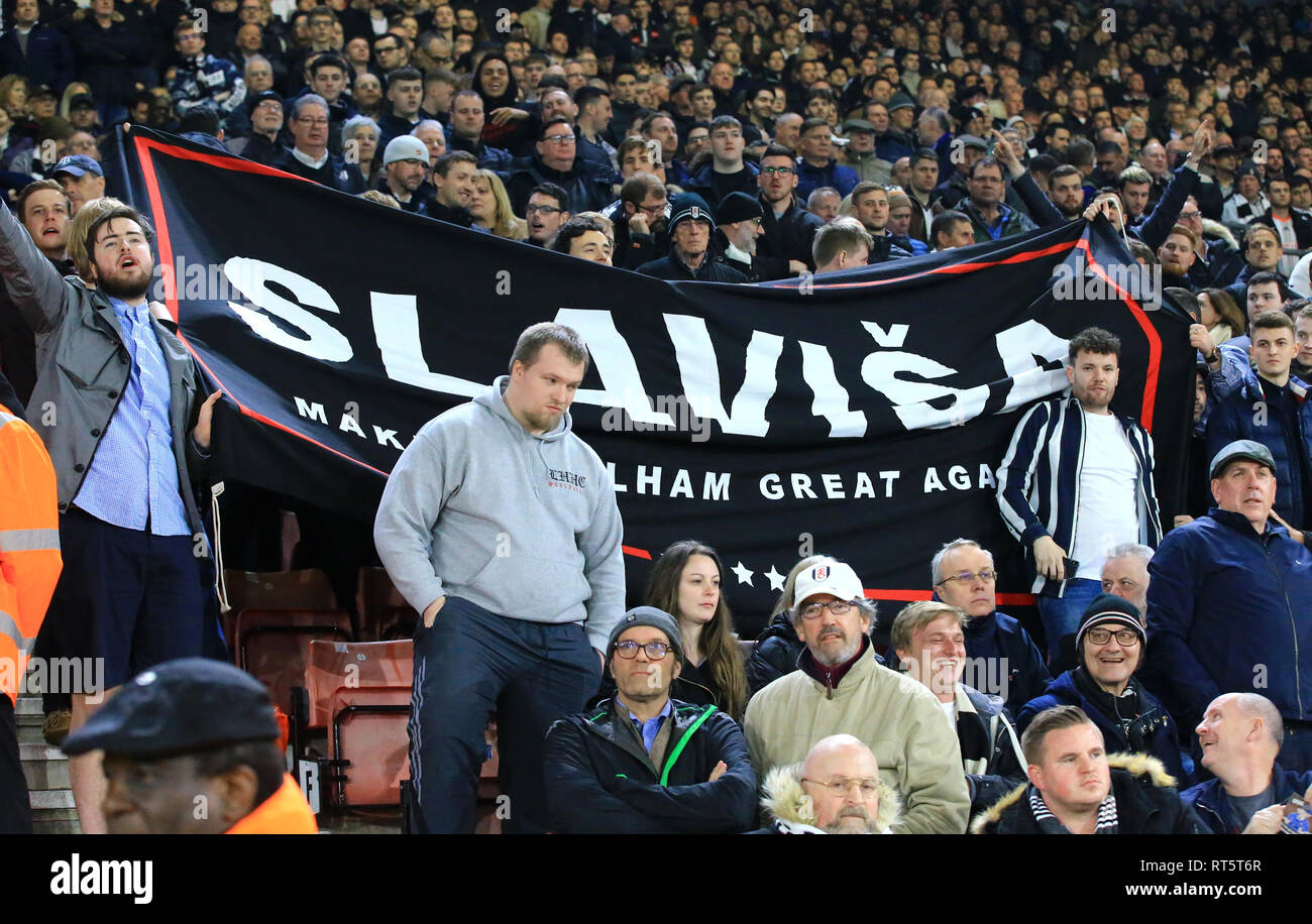 Fulham fans in the stands with a Slavisa banner during the Premier ...