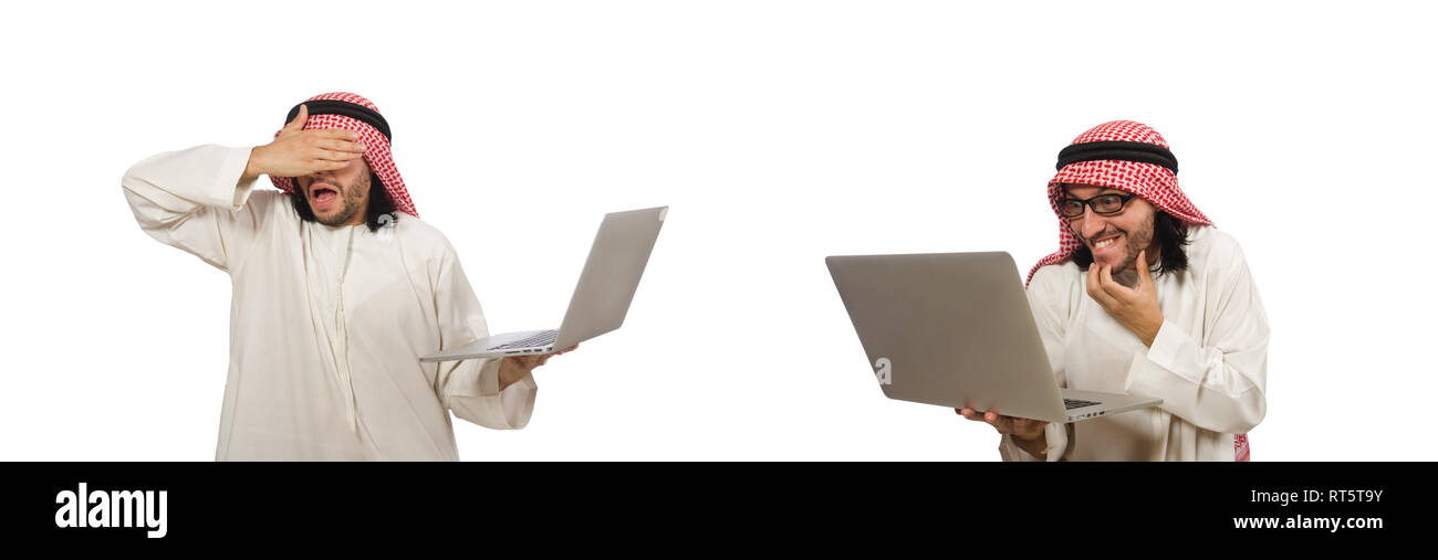 Arab man with laptop isolated on white Stock Photo - Alamy