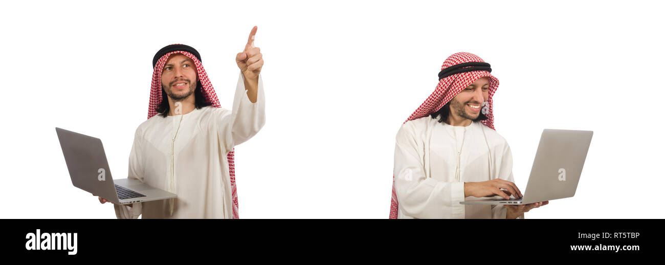 Arab man with laptop isolated on white Stock Photo - Alamy