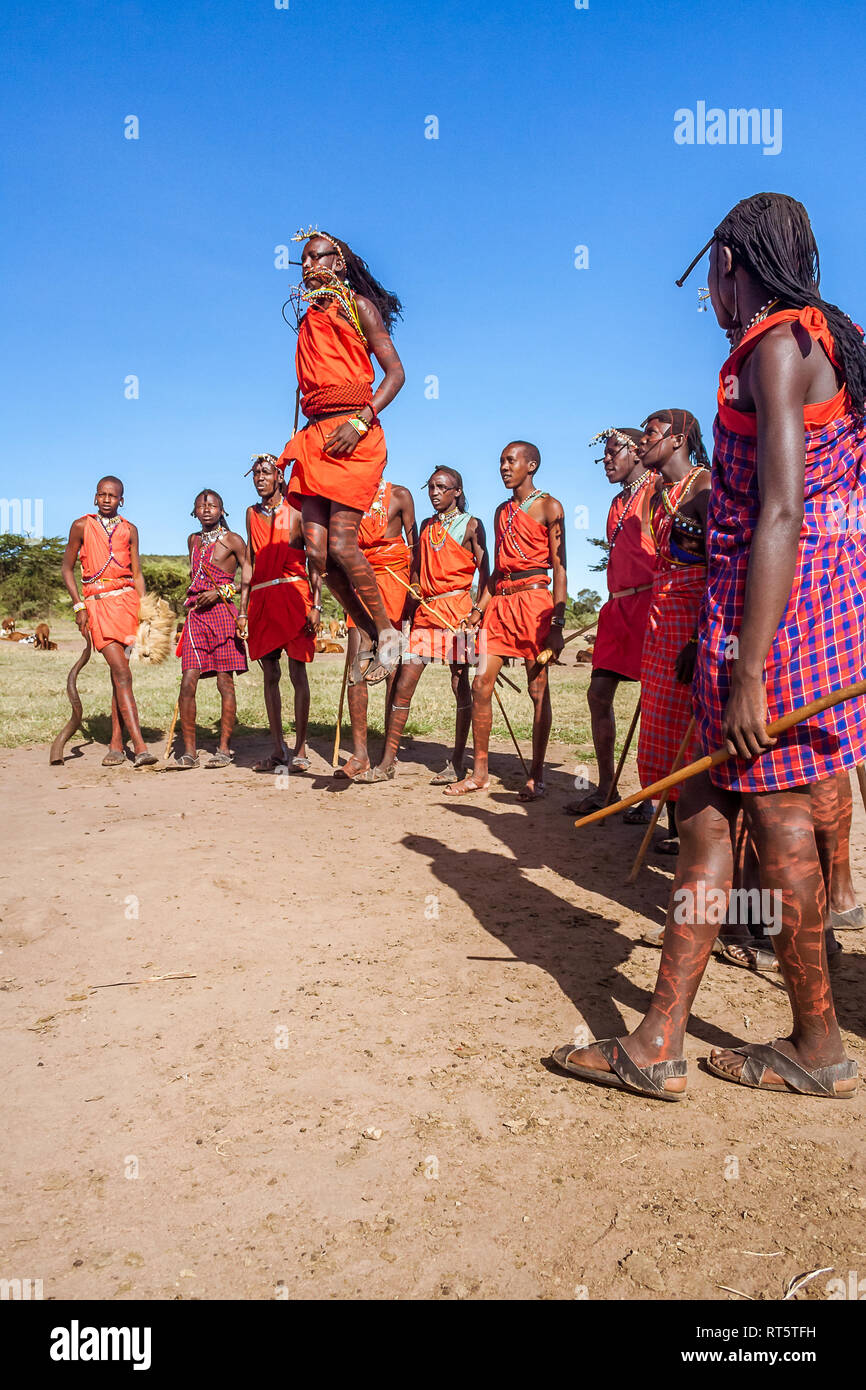 Masai Mara, Kenya, May 23, 2017: Masai warriors in traditional costume ...