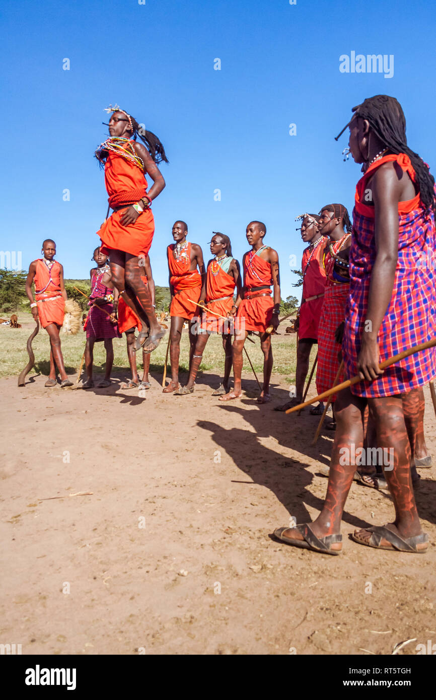 Masai Mara, Kenya, May 23, 2017: Masai warriors in traditional costume ...
