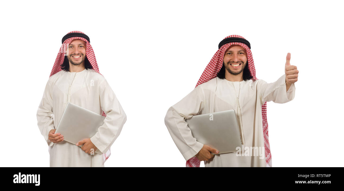 Arab man with laptop isolated on white Stock Photo - Alamy