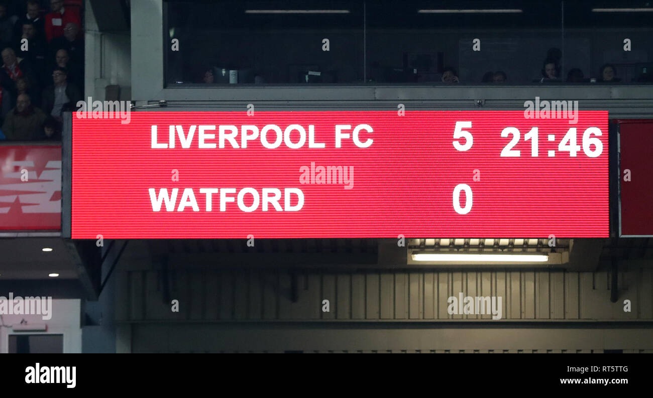 A view of the scorboard during the Premier League match at Anfield ...