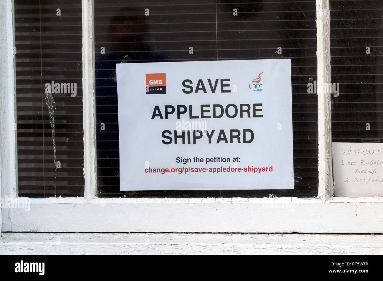 Appledore, North Devon, England, UK. February 2019. Poster on display ...
