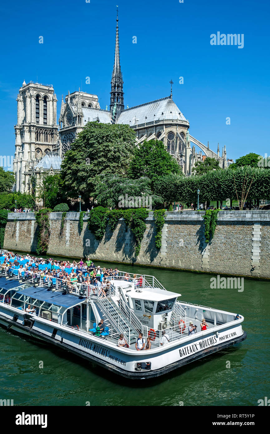 Boat on River Seine and Notre Dame Cathedral, Paris, France Stock Photo ...