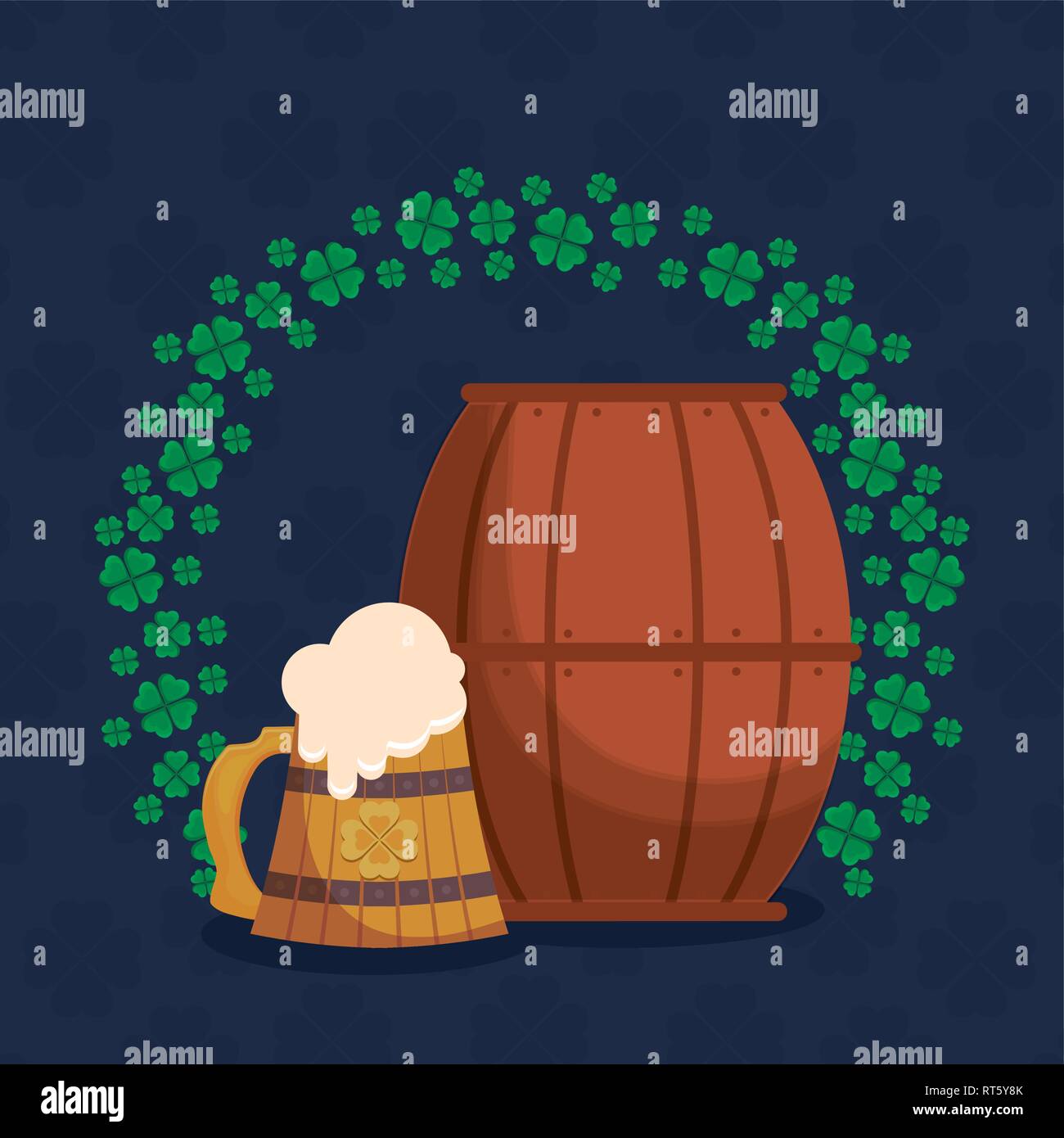 beer wooden jar and barrel with clover vector illustration design Stock ...