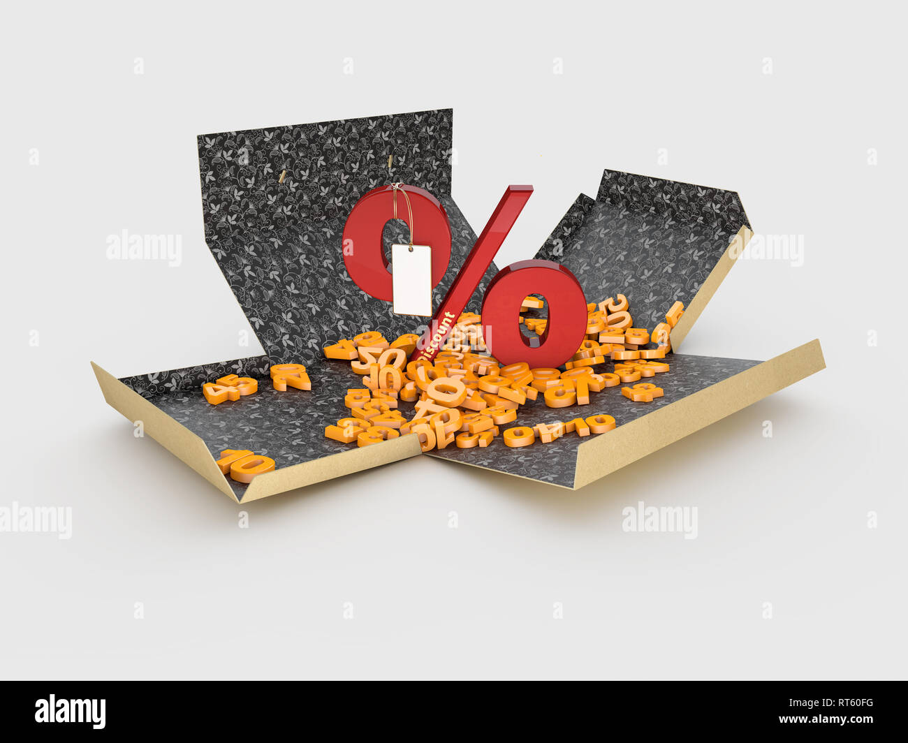3d Illustration of Open cardboard box with percent sign on white ...