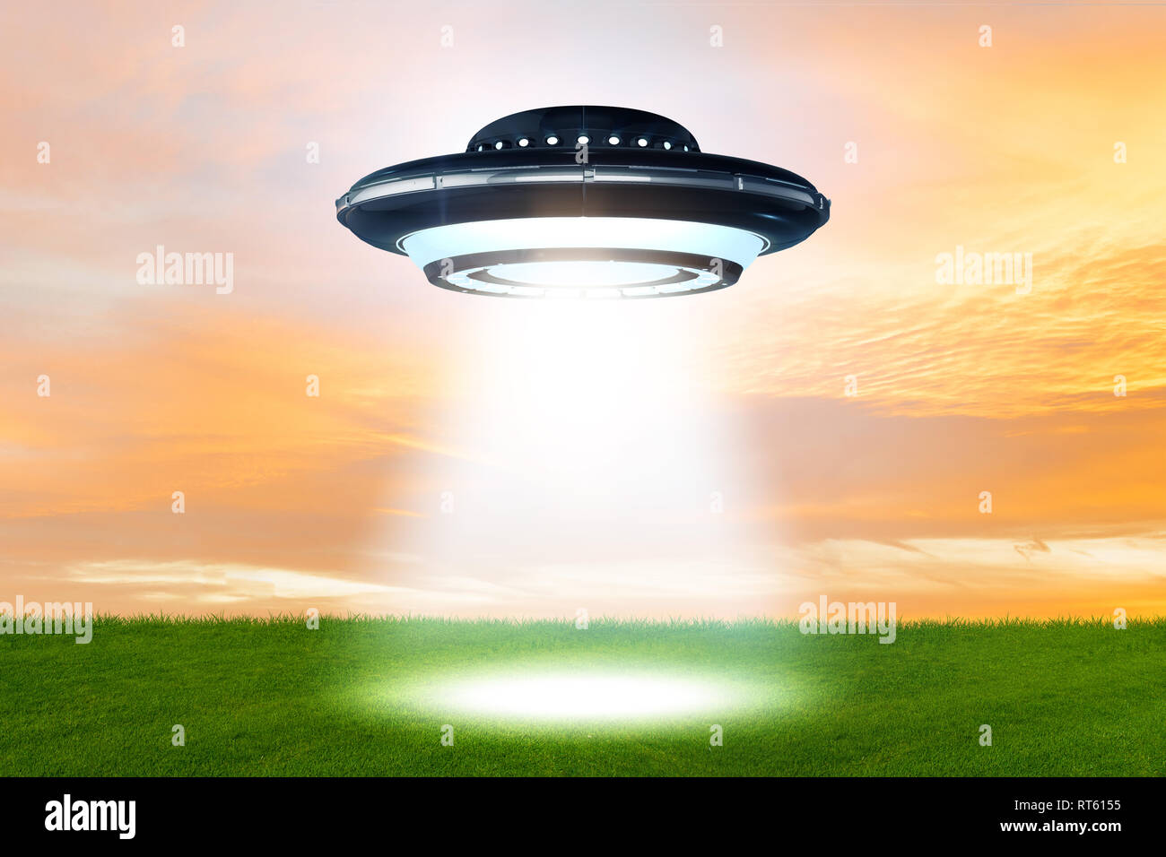 Illustration of flying saucer emitting light - 3d rendering Stock Photo ...