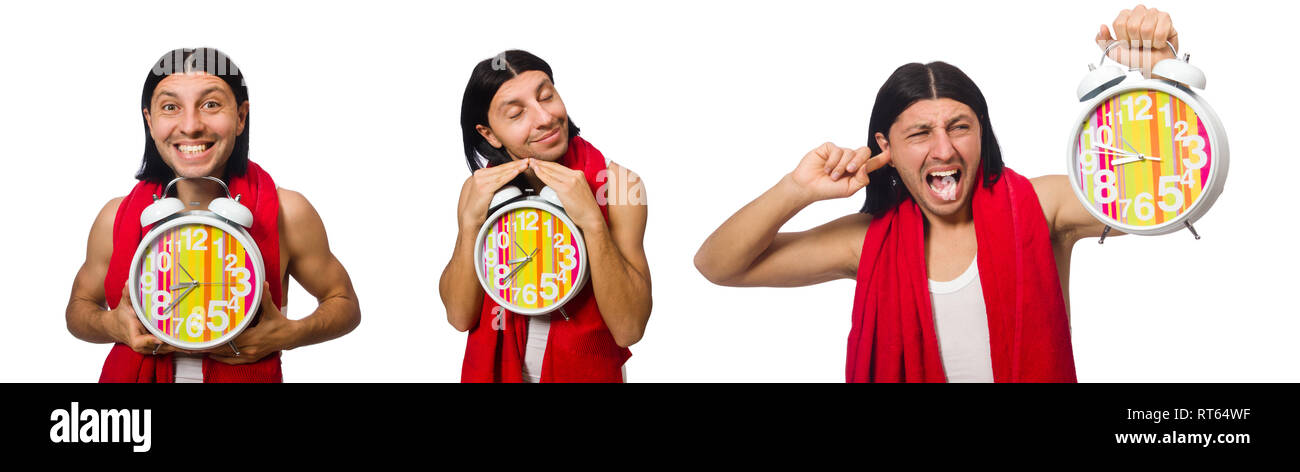 Funny man with clock isolated on white Stock Photo - Alamy