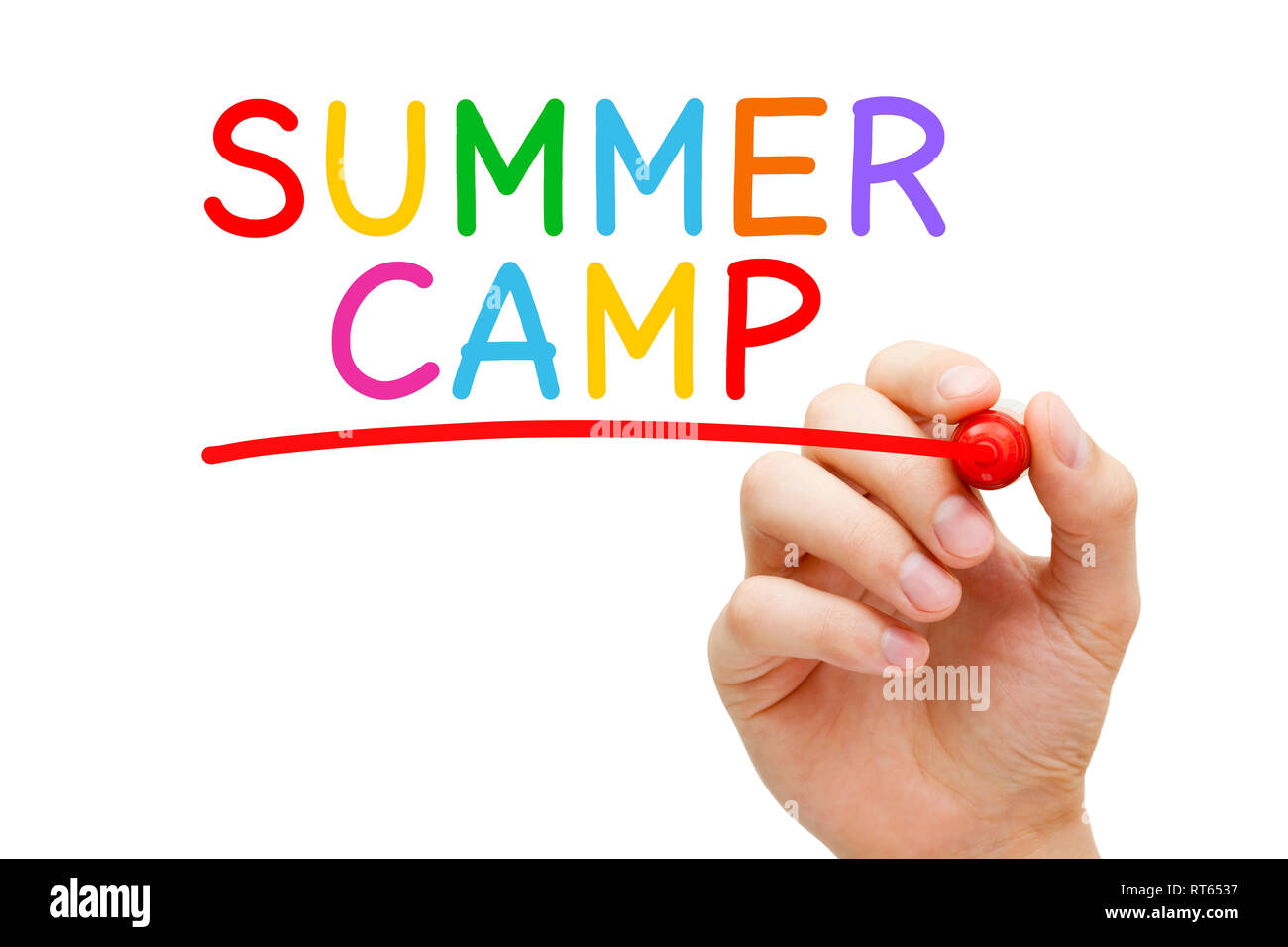 Hand writing Summer Camp with marker on transparent wipe board ...