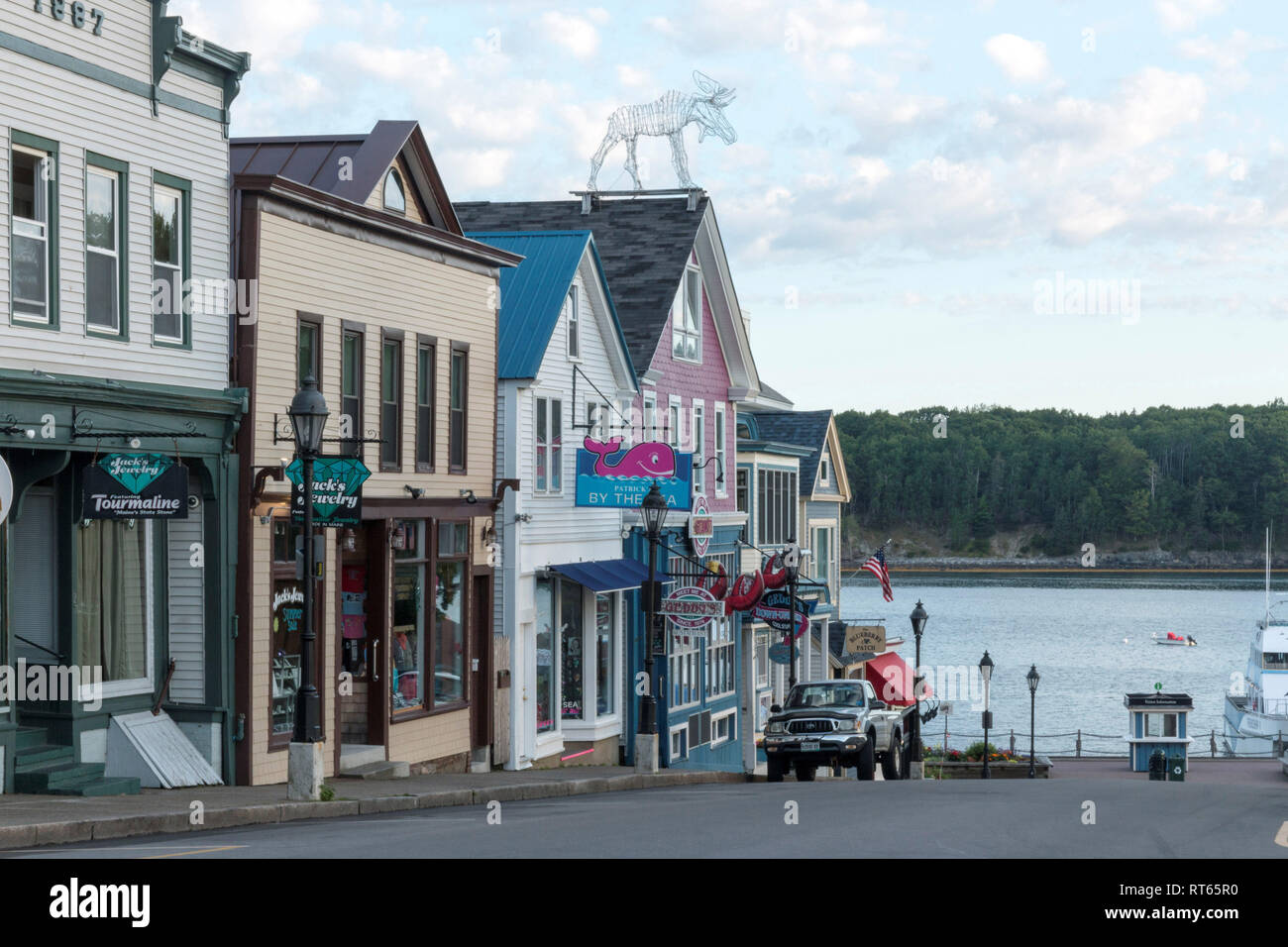 Bar Harbor, Maine, USA – 29 July 2017: View of main street in the early ...