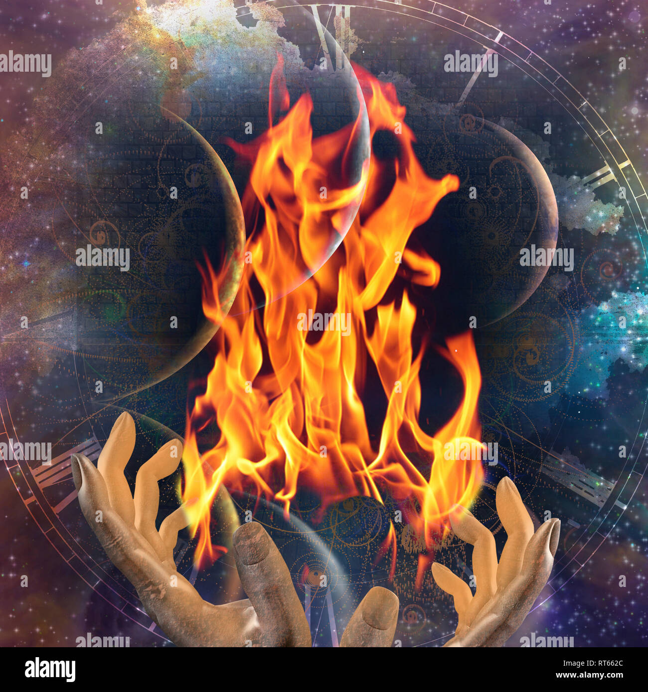 Hands with fire on abstract space background Stock Photo - Alamy