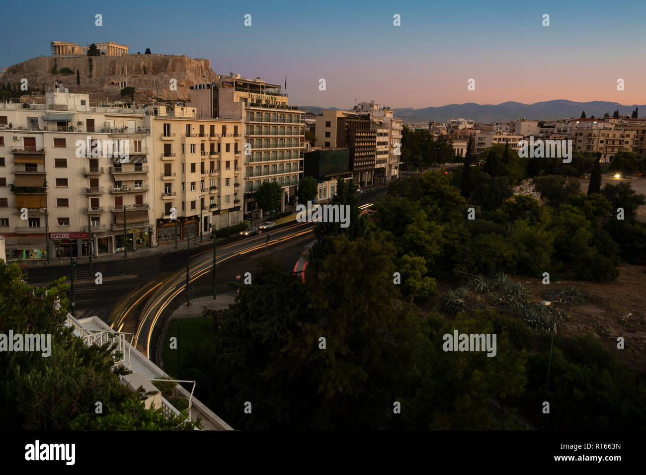 Acropolis and street traffic at sunset, Athens, Greece Stock Photo - Alamy