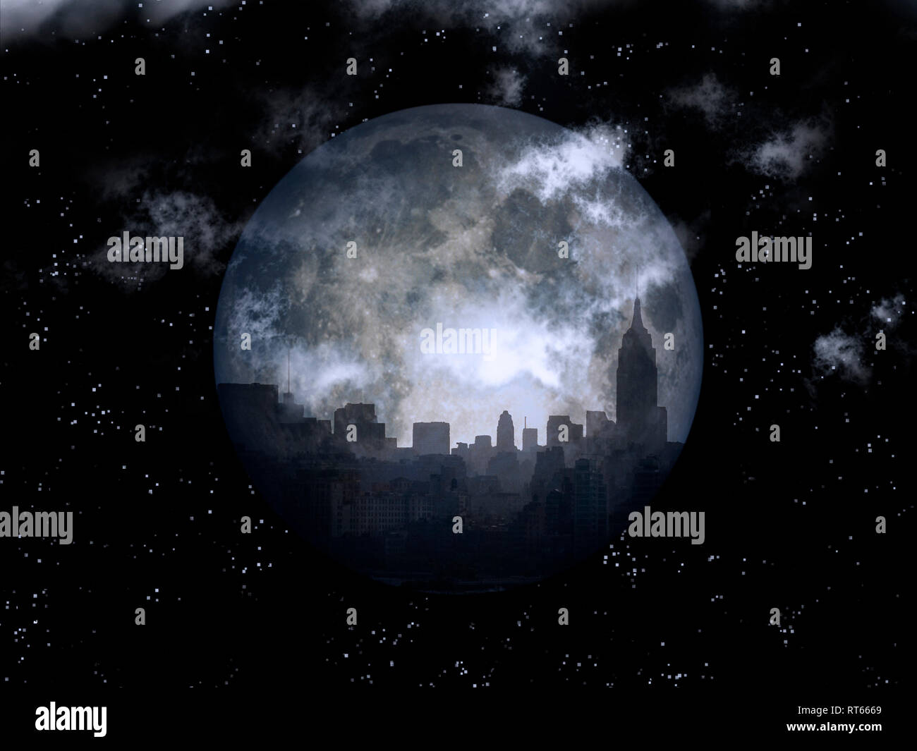 3D rendering. Full moon over night city Stock Photo - Alamy
