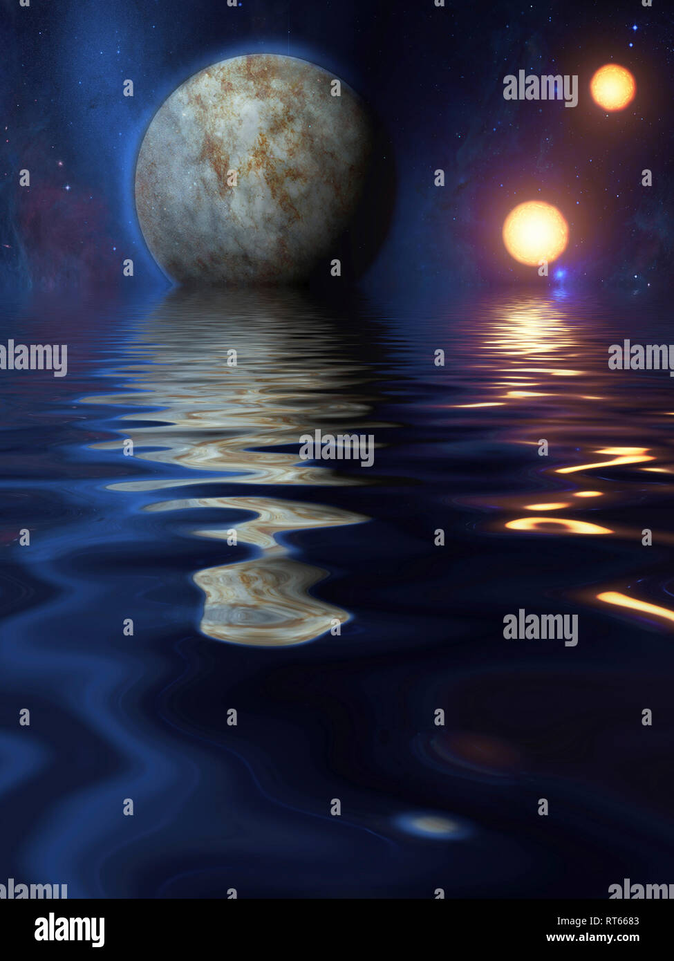 Exosolar Planets Rise over quiet waters Stock Photo - Alamy