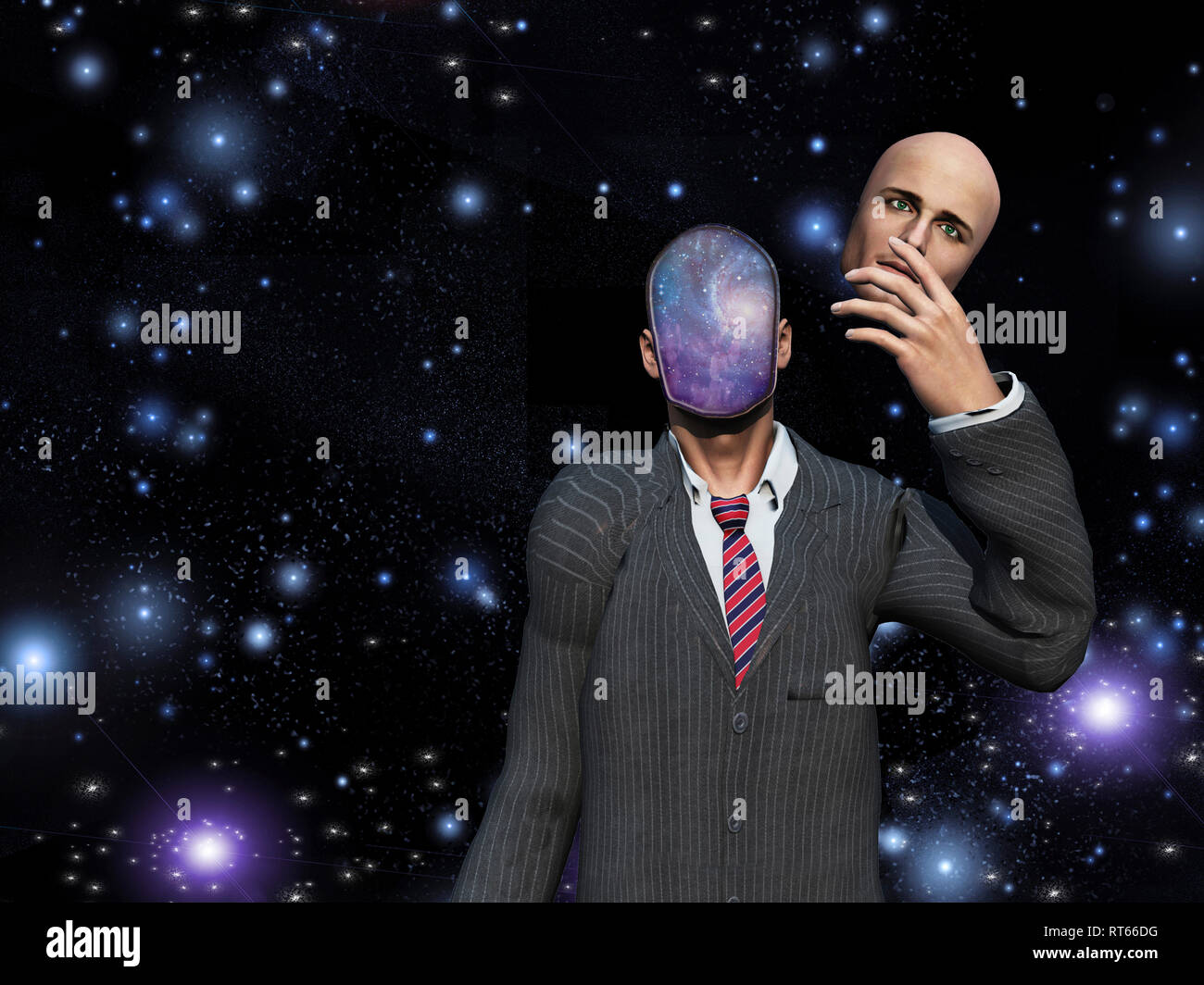 Man removes face to reveal stars inside Stock Photo - Alamy