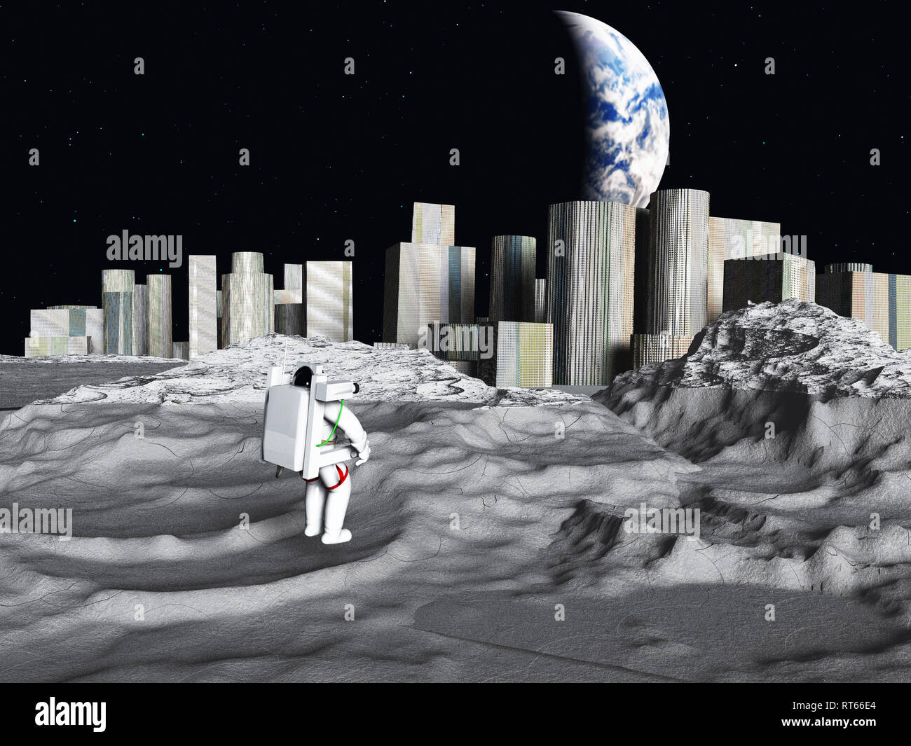 Lunar city. Earth rise seen from the moon Stock Photo - Alamy