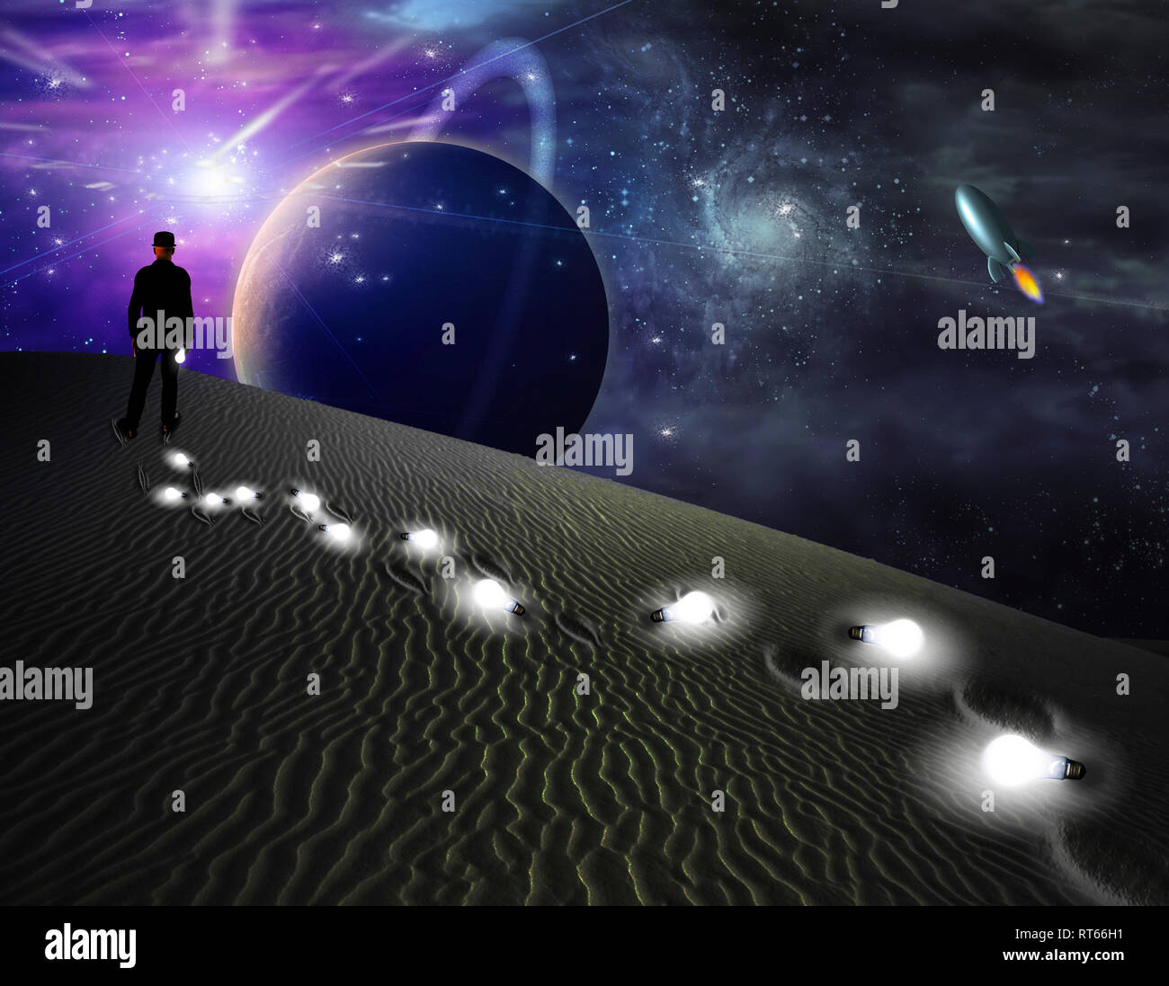 Man in off Earth world litters path with concepts Stock Photo - Alamy