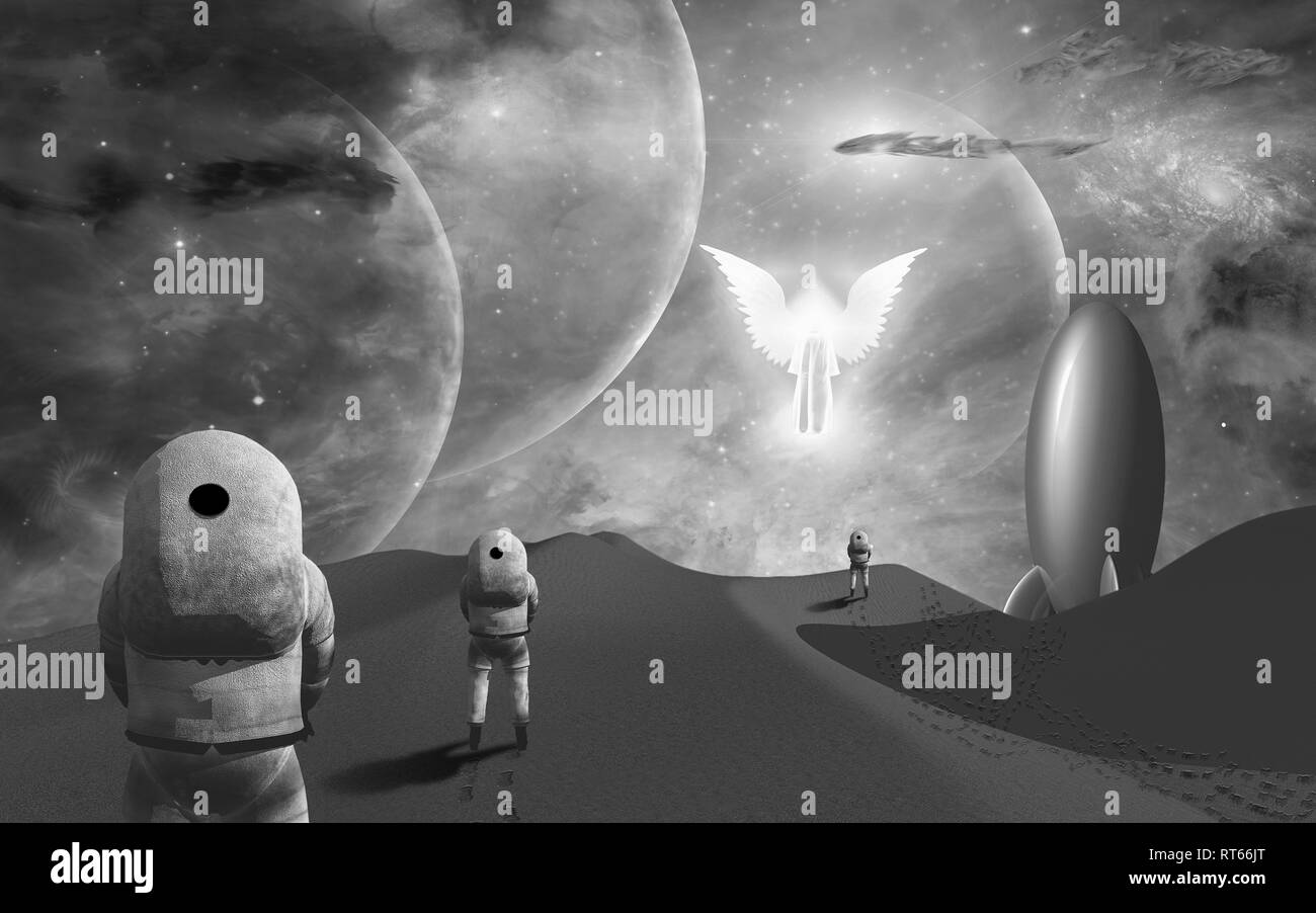 Astronauts on alien planet and their rocket ship greeted by angelic ...