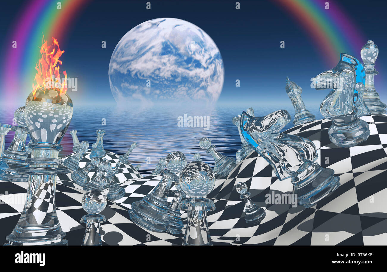 Surreal chess board with figures. Planet rising above ocean Stock Photo ...