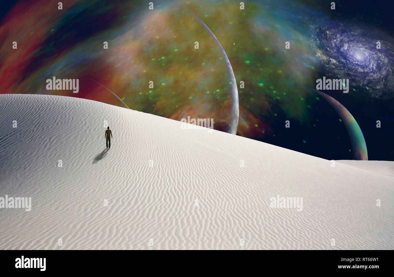 Surreal desert. Figure of man in a distance. Big planets in the starry ...