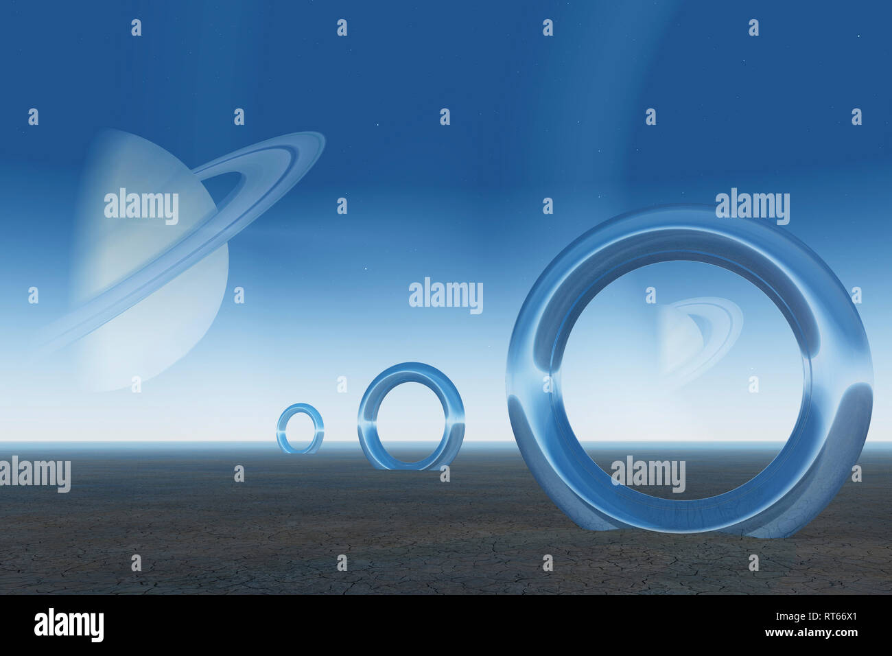 Planets with planetary belts. Shining rings on the planet surface. 3D ...