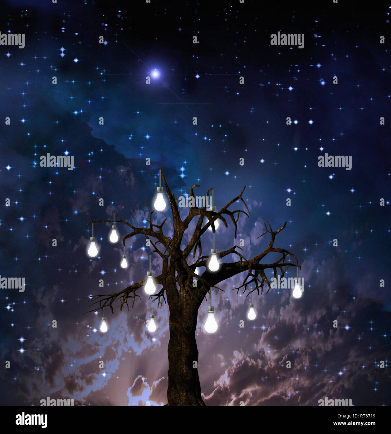 Tree with light bulbs represents ideas. Starry night sky at the ...