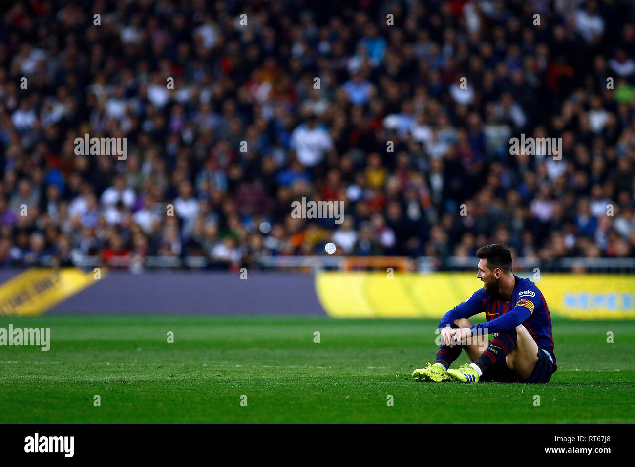 Lionel Messi seen sitting on the pitch during the Copa del Rey semi ...