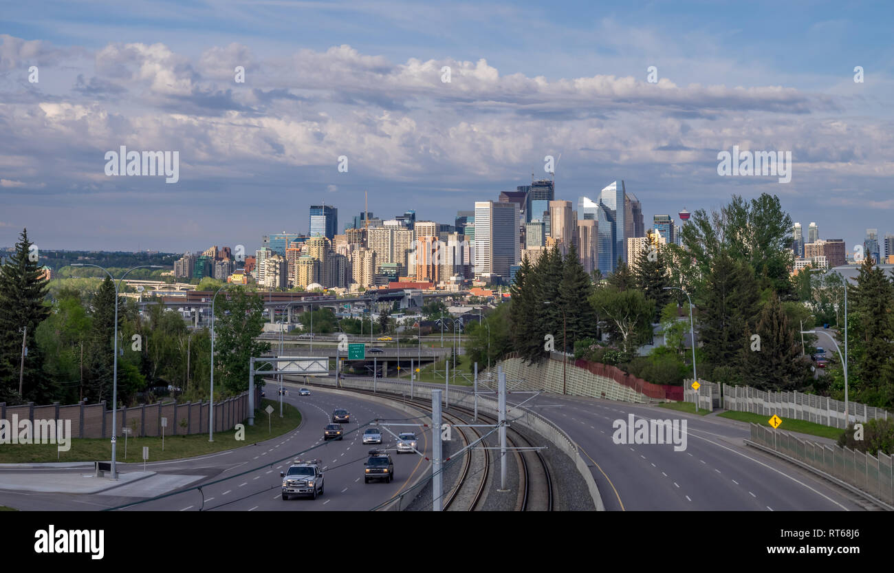 Calgary's skyline with the Bow River valley and city in the foreground ...