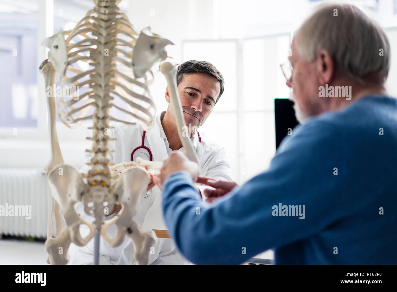 Doctor explaining bones at anatomical model to patient in medical ...