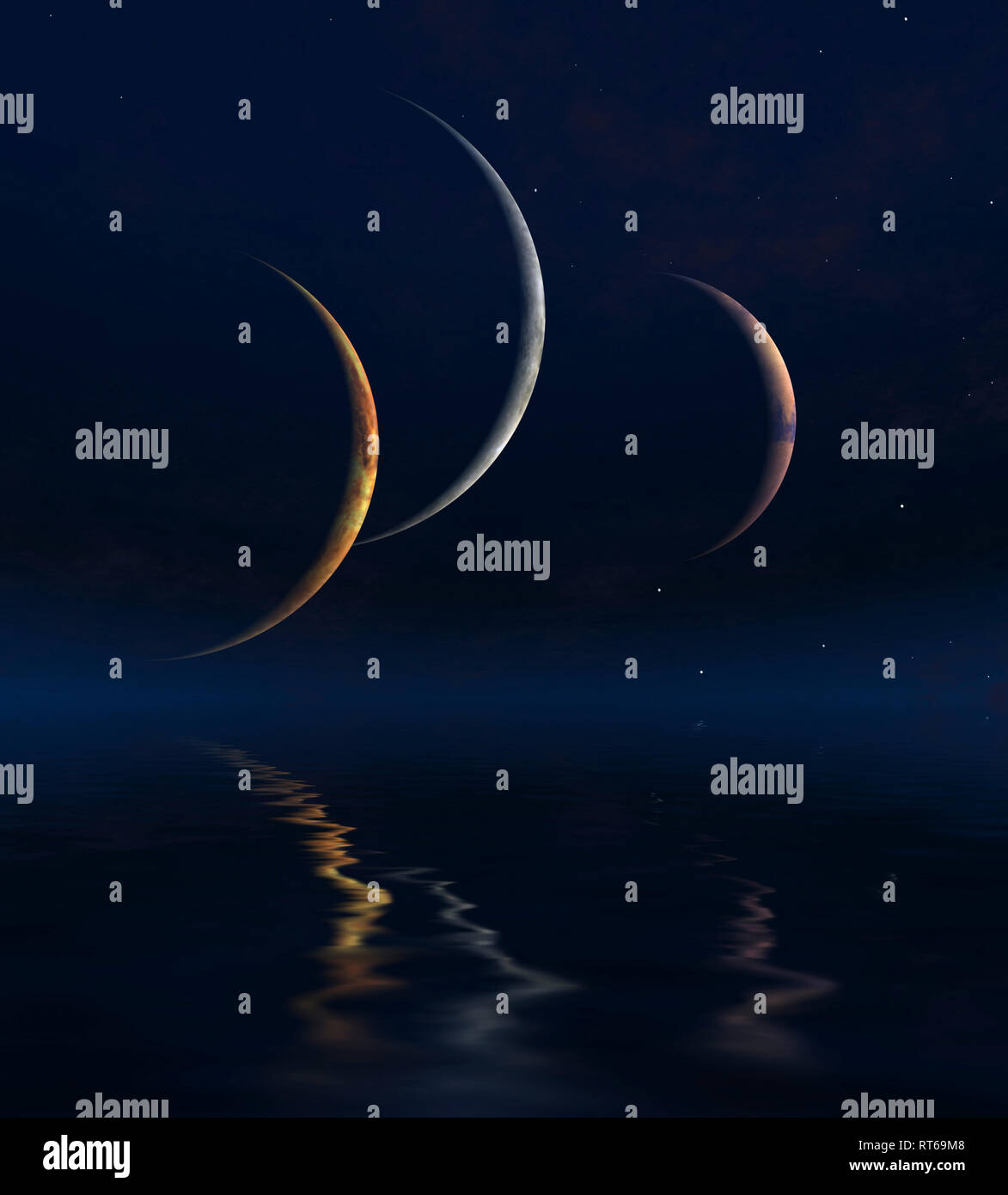 Three Moons and Quiet Sea Stock Photo - Alamy