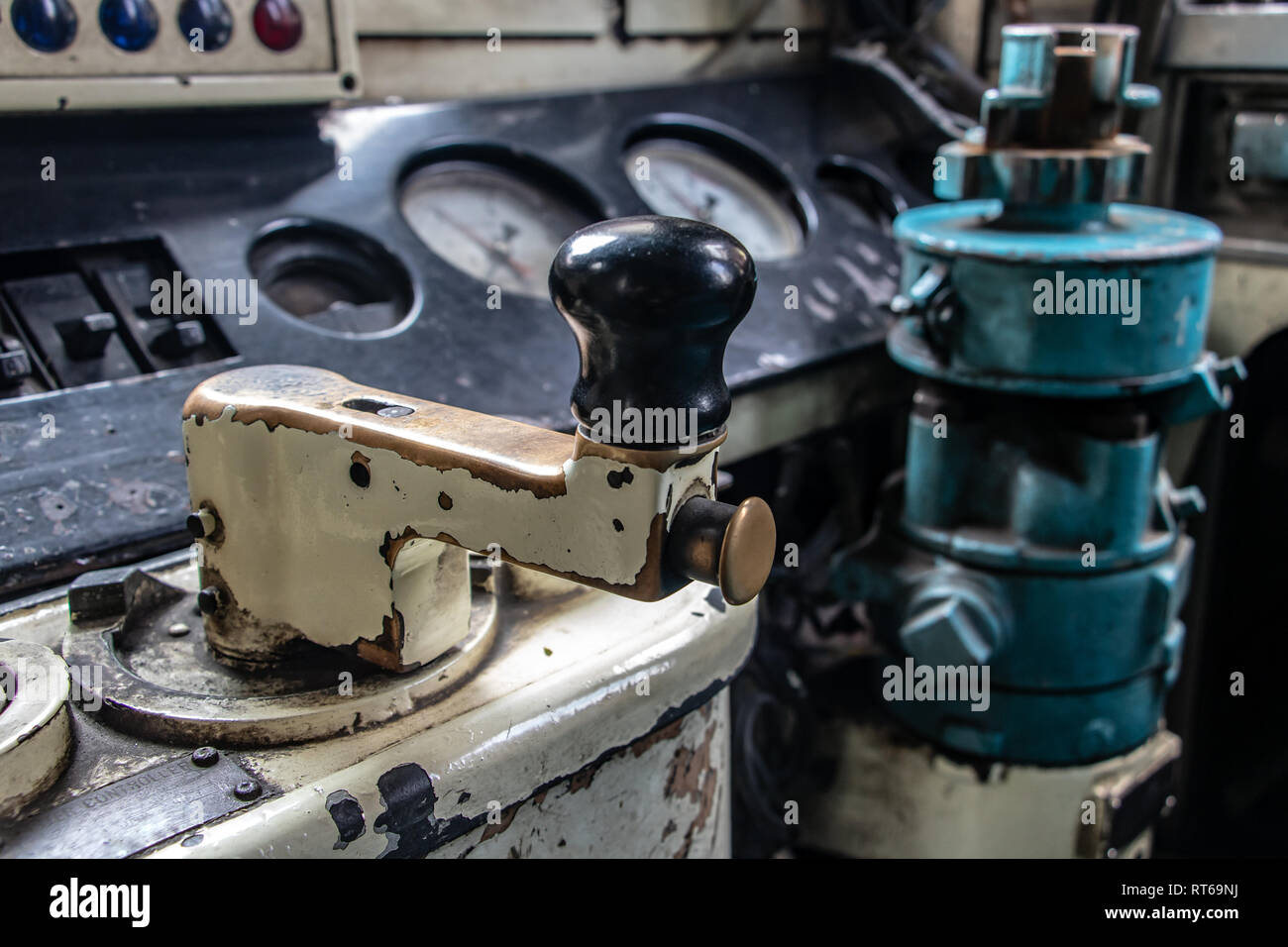 Mechanical controls with handle of the old locomotive, close up. Grip ...