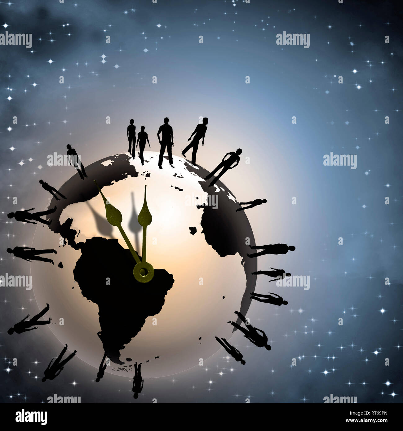 Human silhouettes standing around planet Earth, representing time and ...