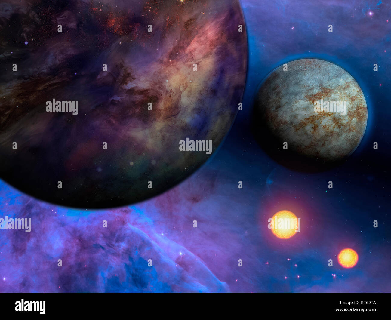 Planets and suns in deep space Stock Photo - Alamy