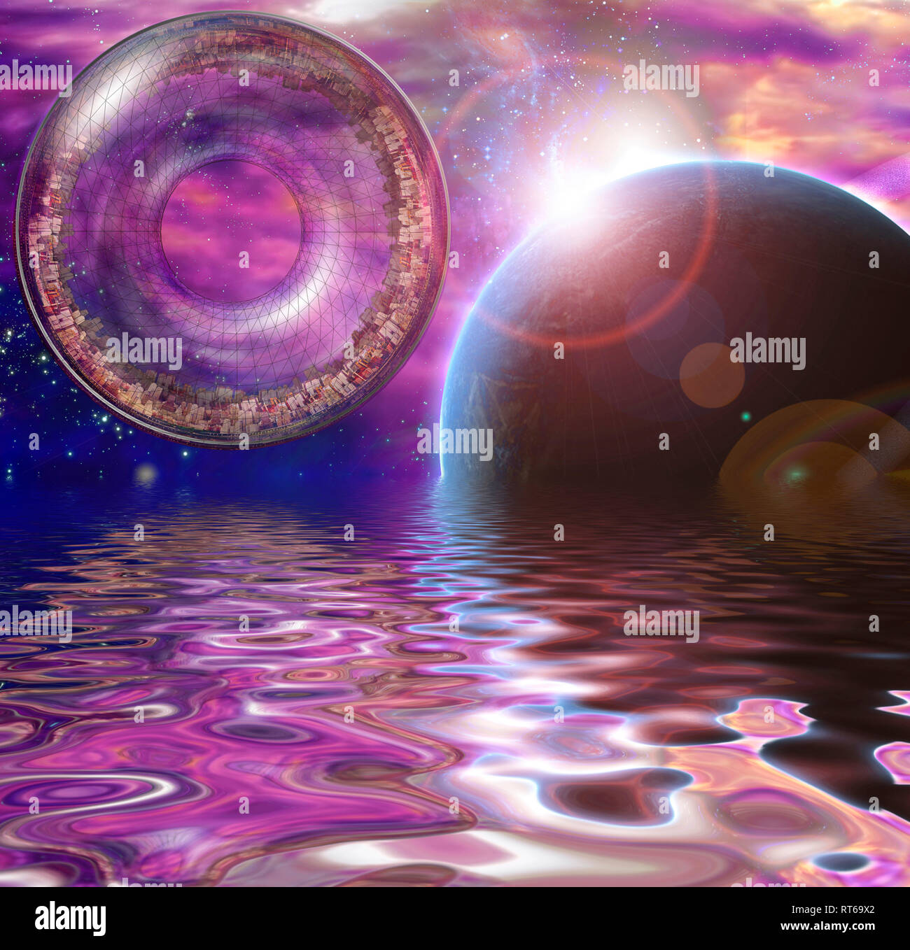Huge multi-generational city spaceship encounters new planet Stock ...