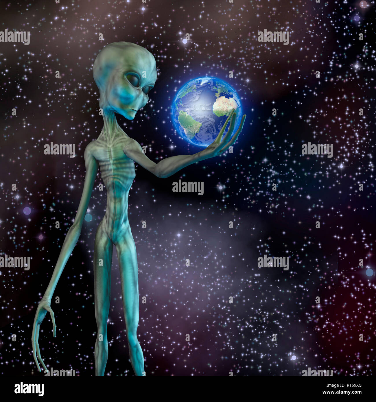 Alien being ponders planet Earth, starry space background Stock Photo ...