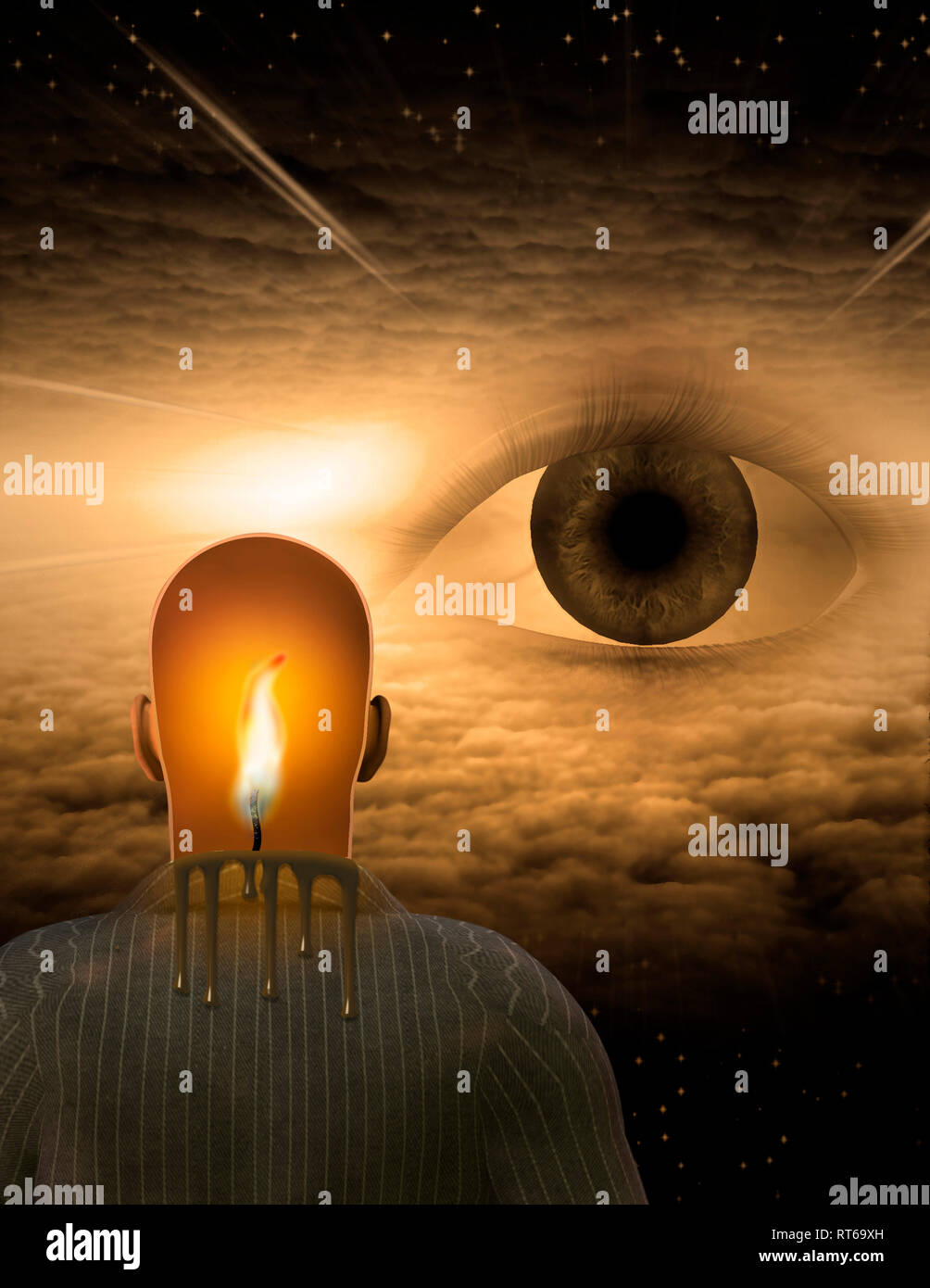 Man with burning mind in surreal cloud filled space with giant eye ...
