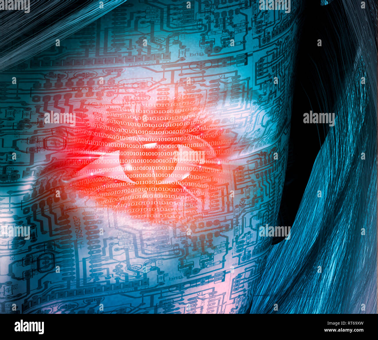 Cyborg woman face. Binary code in red eye, circuit pattern Stock Photo ...