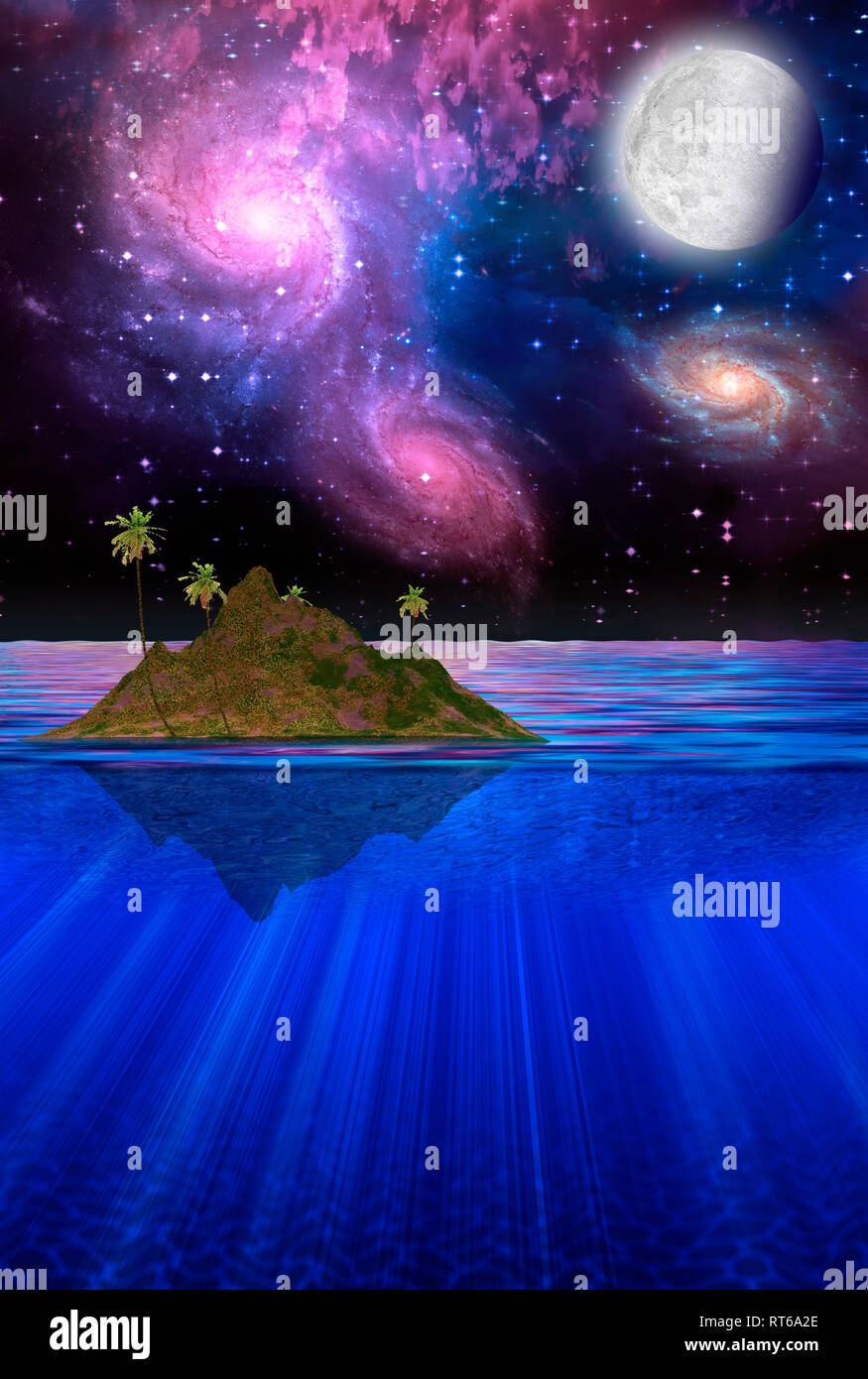 Floating tropical island with galaxies and full moon in vivid sky Stock ...