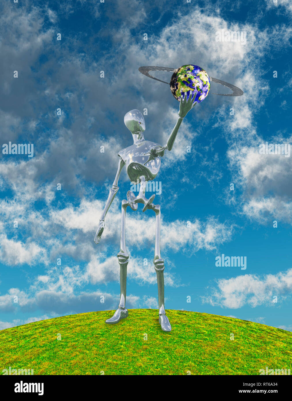 Shiny silver robot holds up alien ringed planet Stock Photo - Alamy