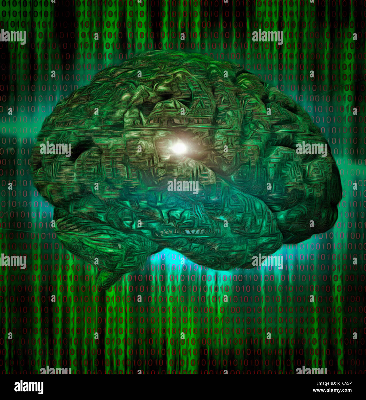 Human brain with circuit board pattern. Background from binary code ...